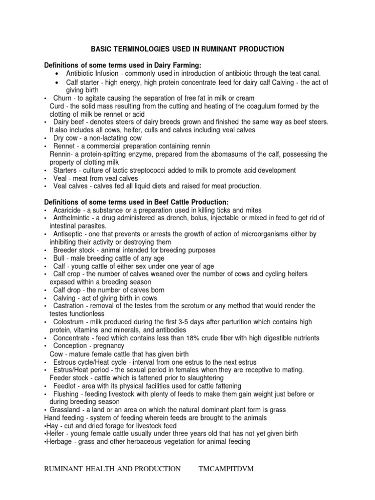 Basic Terminologies Used in Ruminant Production | PDF | Cattle | Goat