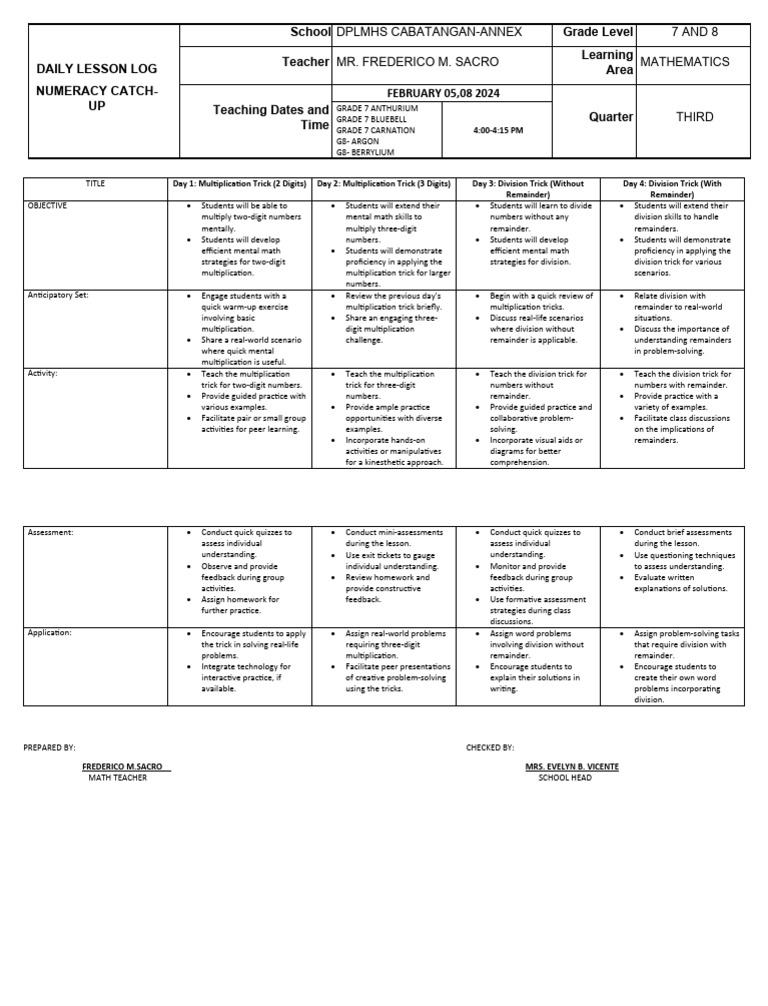 Numeracy Catch Up Lesson Plan | PDF | Teaching | Education Theory