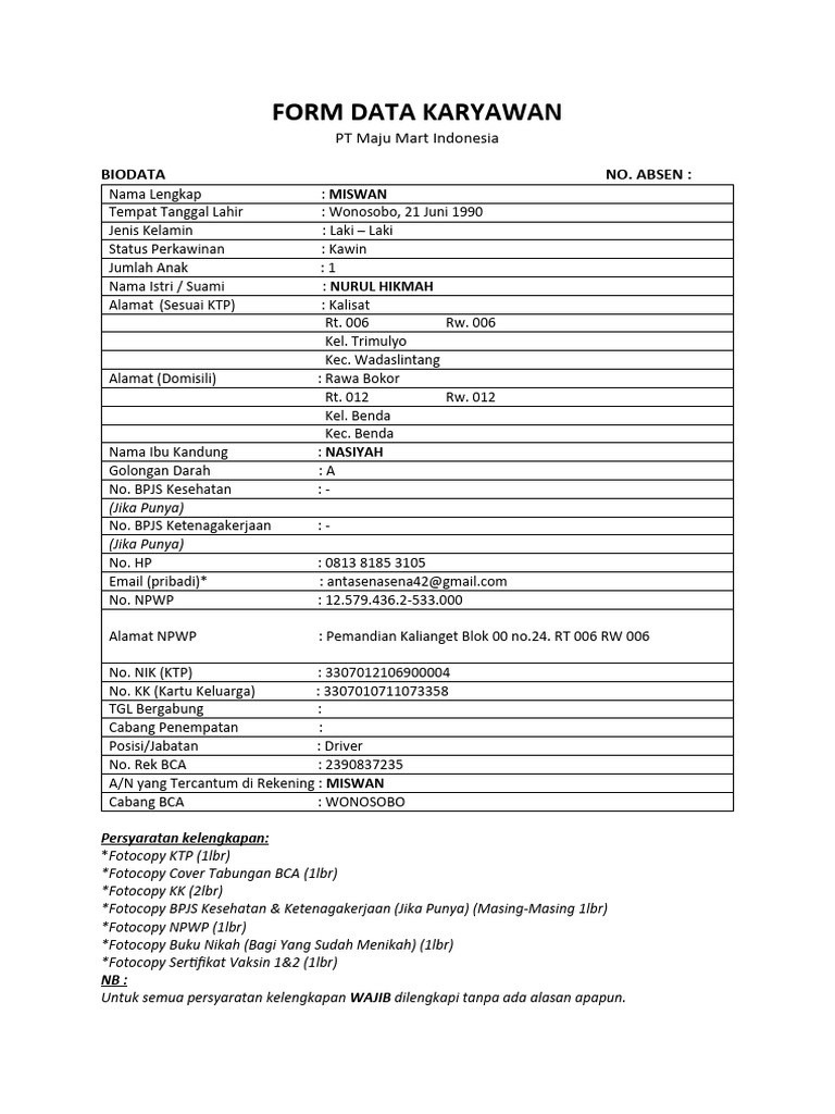 Form - Data - Diri MISWAN | PDF