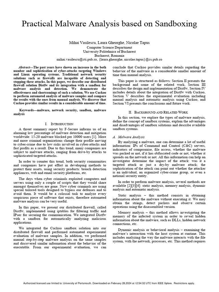 Practical Malware Analysis Based On Sandboxing | PDF | Malware | Security