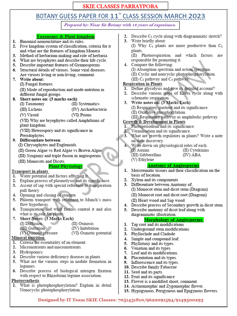 Botany Class 11th GUESS 2023 | PDF | Plant Stem | Leaf