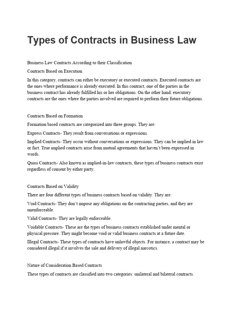 Types of Contracts in Business Law | PDF | Insurance | Option (Finance)