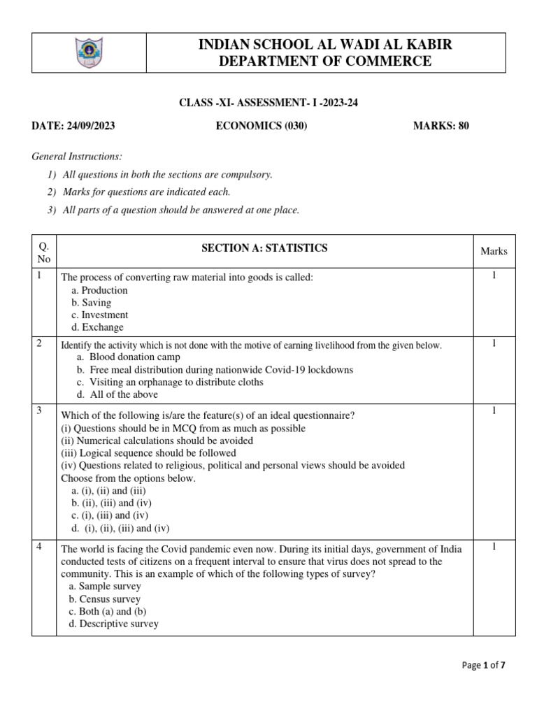 ISWK Gr. XI Economics A1 QP & MS (23-24) | PDF | Demand | Demand Curve