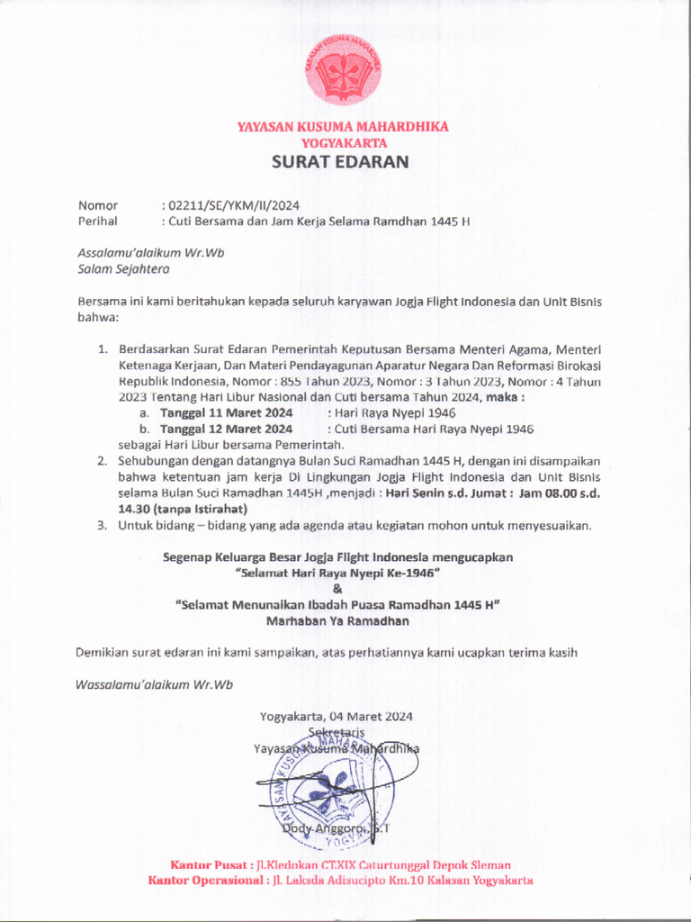 SE Cuti Bersama Nyepi Dan Jam Kerja Selama Ramadhan 14445 H | PDF