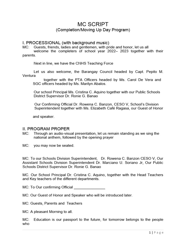 Emcee Script For Moving Up 2022 2023 | PDF