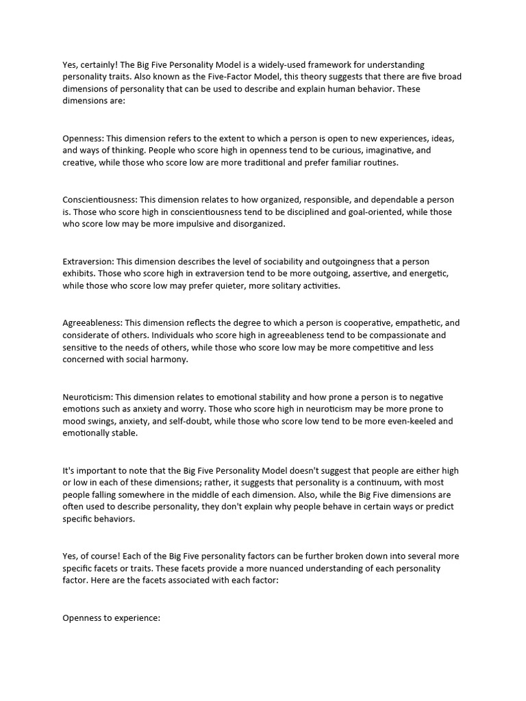 Big Five Model Explained by Chatgpt | PDF | Extraversion And Introversion | Behavioural Sciences