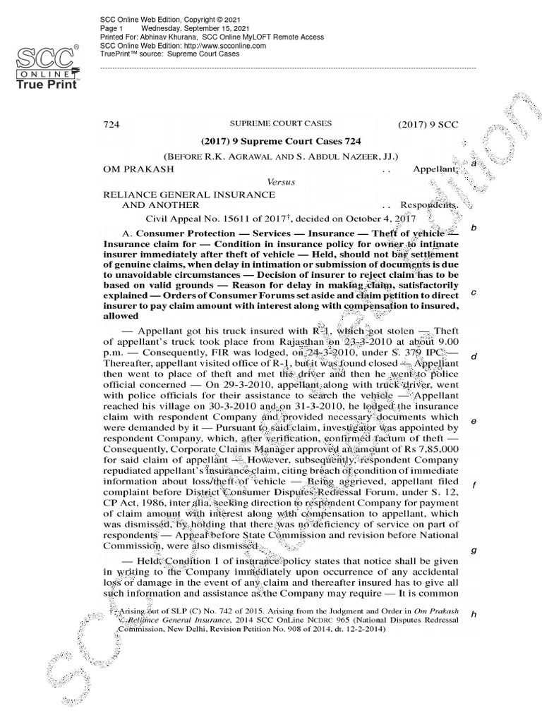 Om Prakash v. Reliance General Insurance, (2017) 9 SCC 724 | PDF | Computers