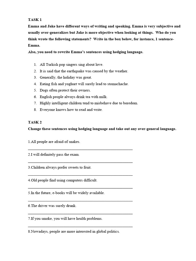 Hedging Language Exercises Guide | PDF