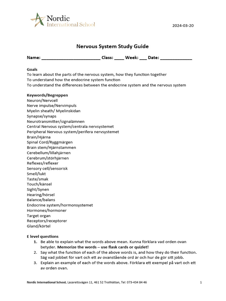 Nervous System Study Guide 2020 21 | PDF