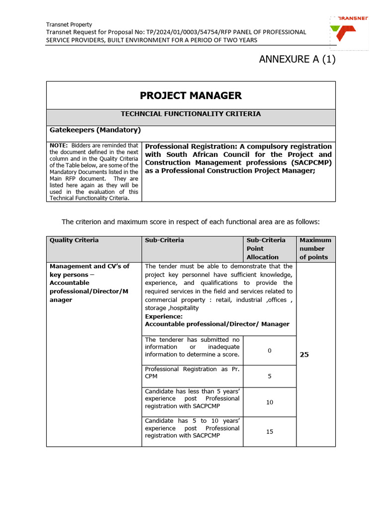 Annexure A (1) Project Manager Technical Funcitonality Criteria | PDF | Request For Proposal ...