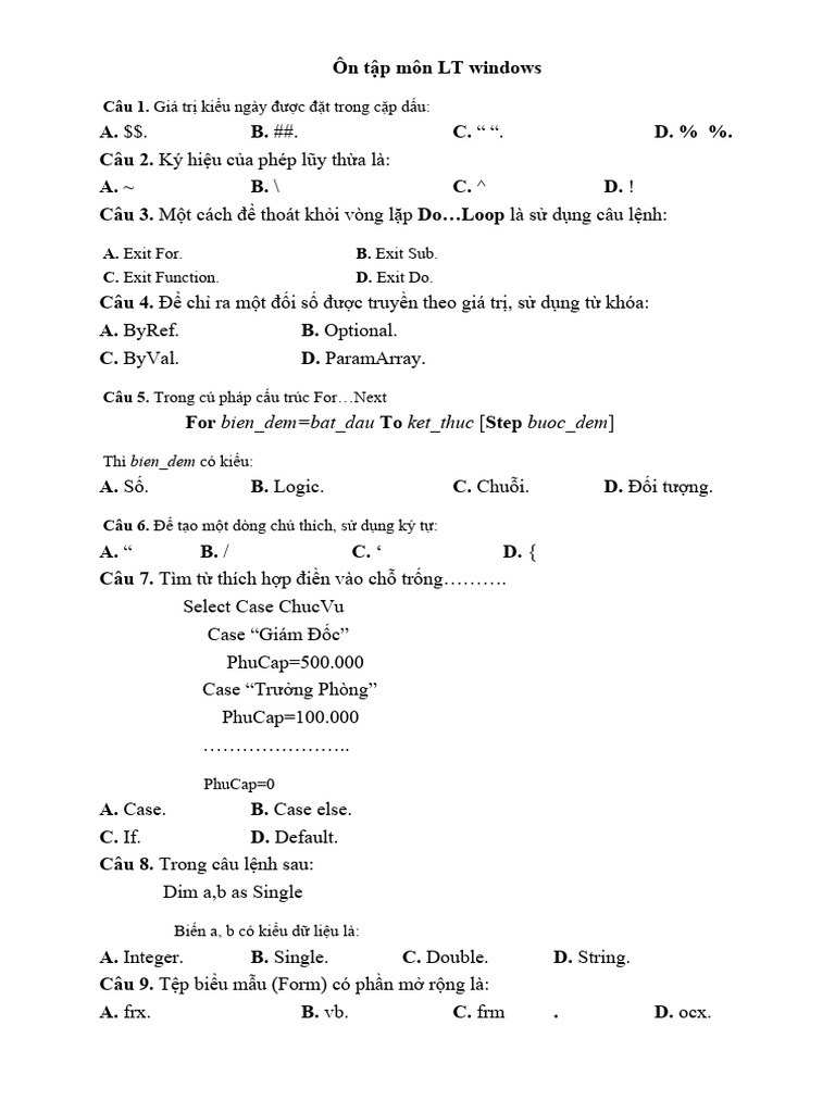 Ngân hàng câu hỏi ôn tập môn LT windows - SV | PDF