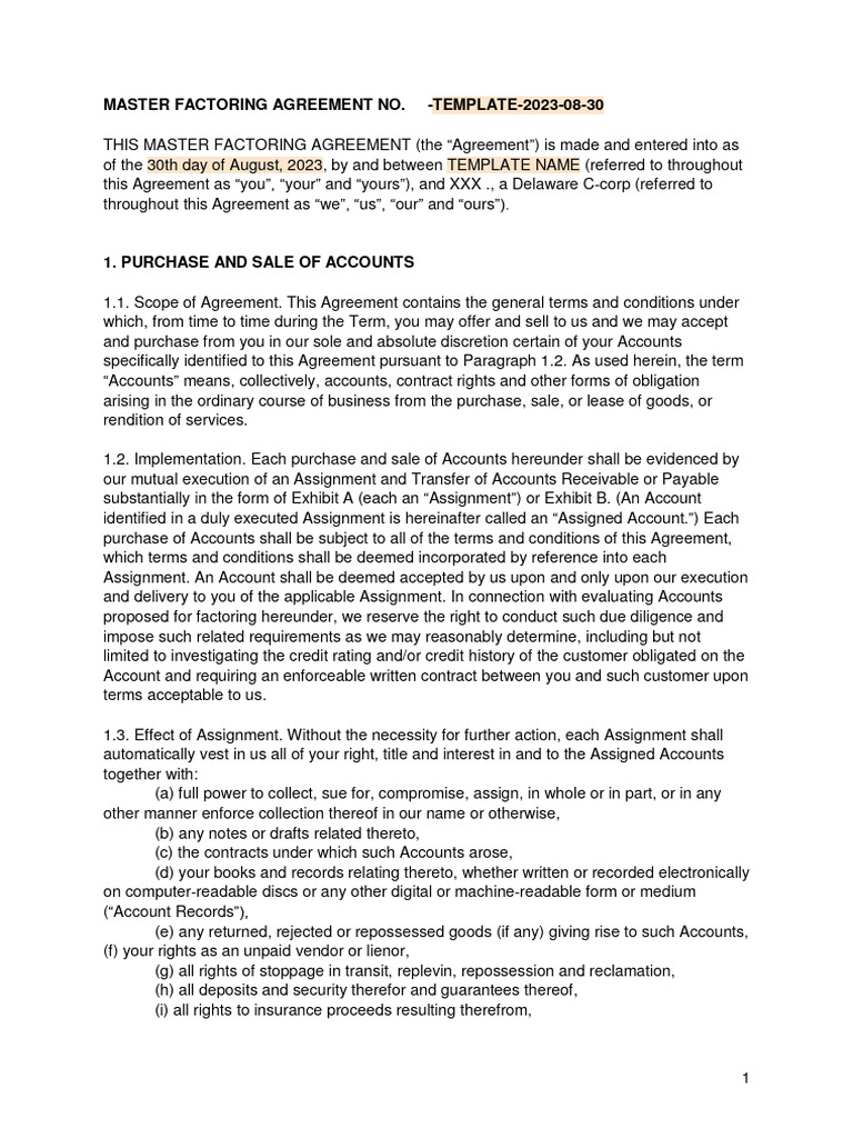 Master Factoring Agreement Template | PDF | Assignment (Law) | Bankruptcy