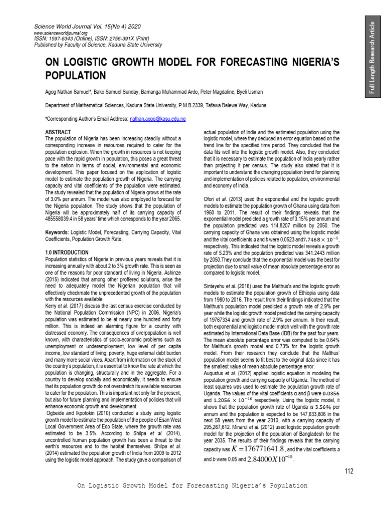 On Logistic Growth Model For Forecasting Nigeria's Population | PDF ... On Logistic Growth Model For Forecasting Nigeria's Population | PDF ...