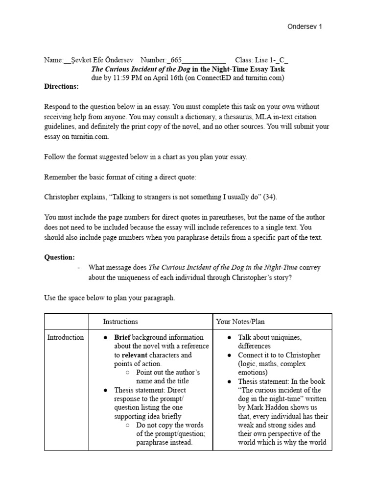 Lise 1C Curious Incident Writing Task | PDF | Essays | Writing