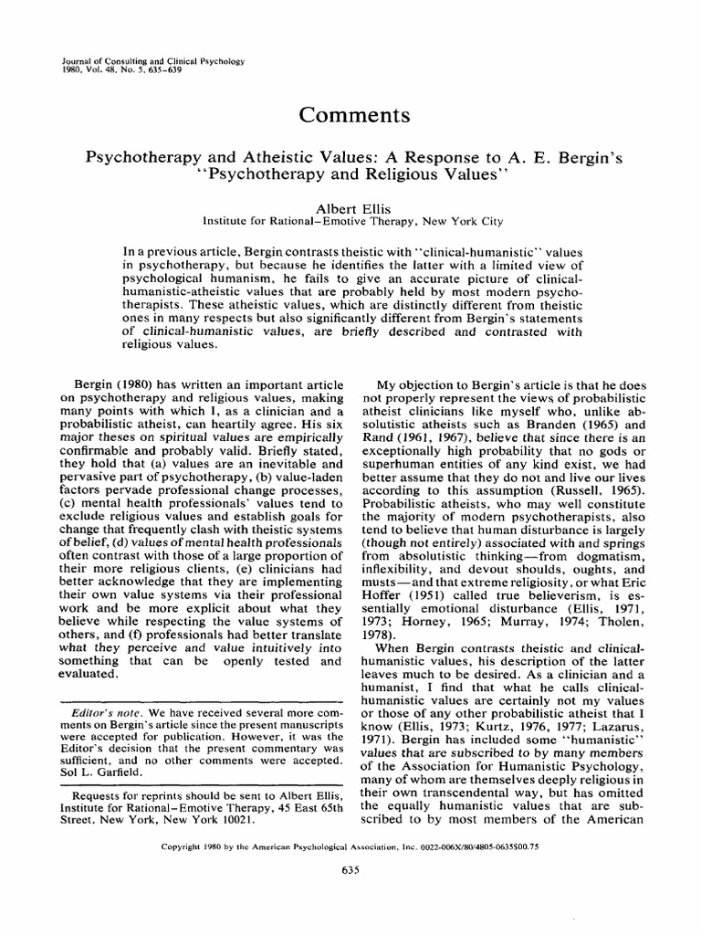 Psychotherapy and Atheistic Values: A Response To A. E. Bergin's ...