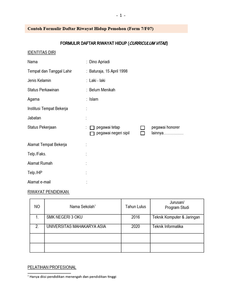 Formulir_Daftar_Riwayat_Hidup_Pemohon_0 | PDF