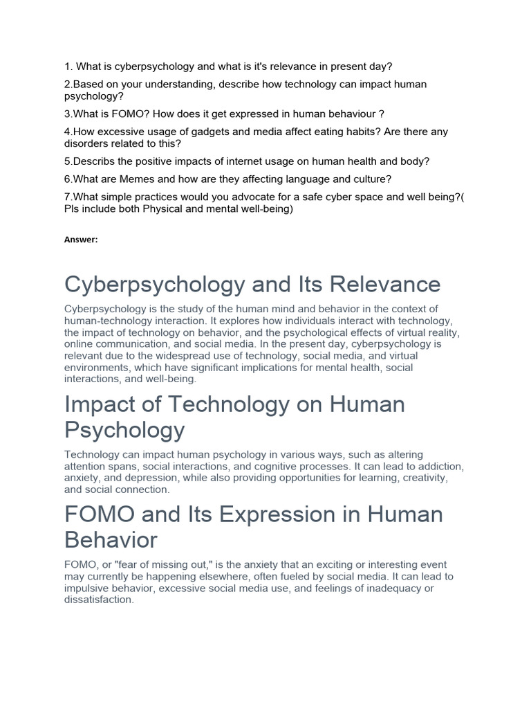 Cyberpsychology: Modern Relevance and Impact | PDF | Mental Health ...