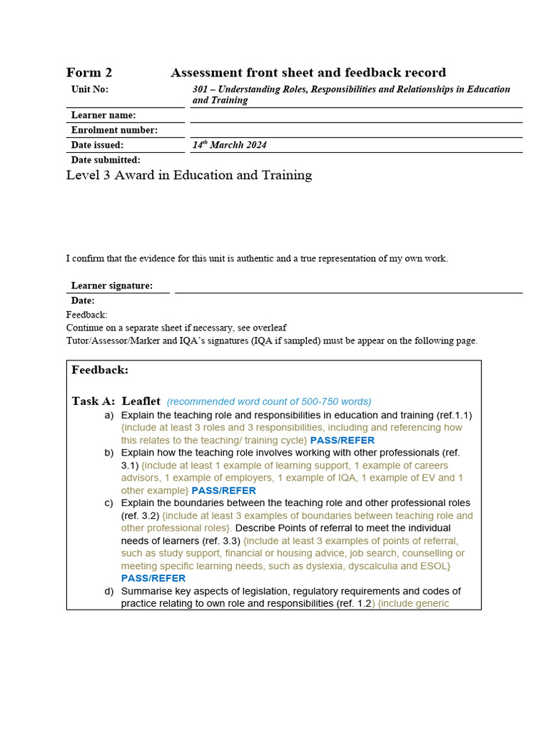 Unit 301 Assignment Feedback Front Sheet | PDF | Learning | Behavior Modification