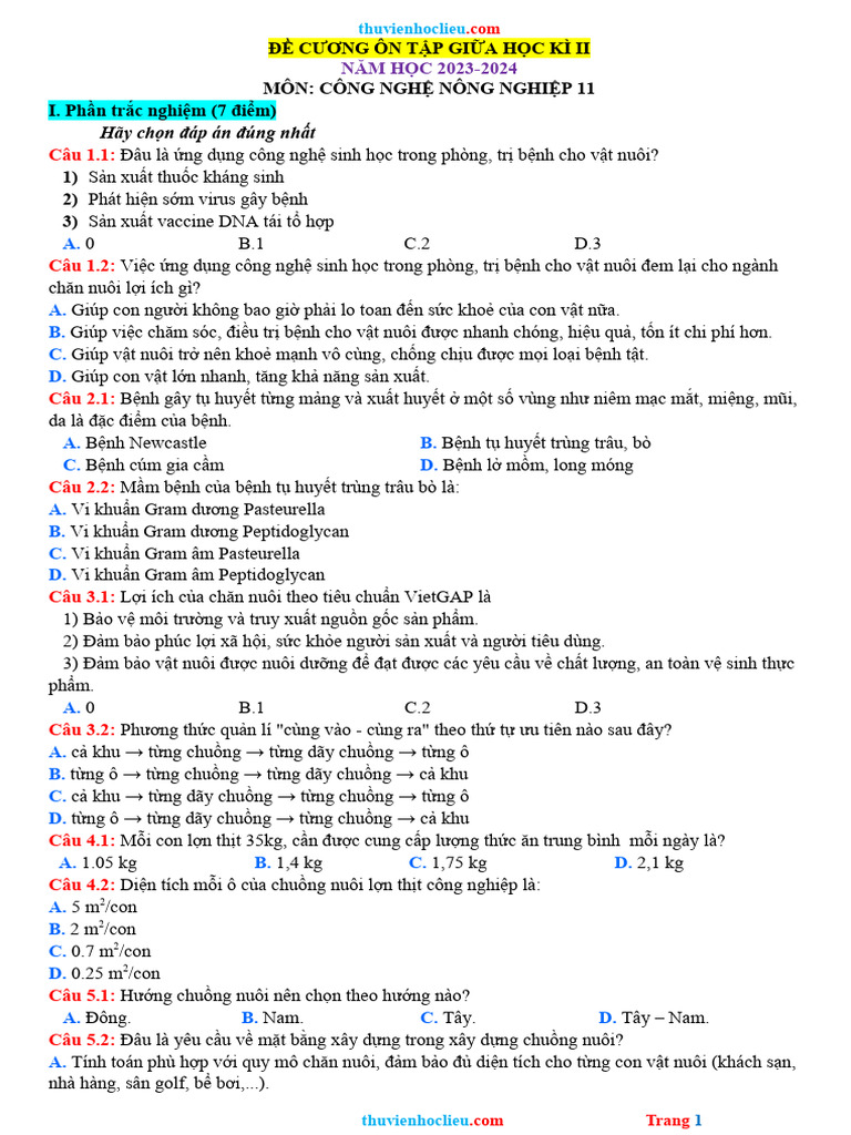 De Cuong On Tap Giua HK2 Cong Nghe Nong Nghiep 11 KNTT | PDF