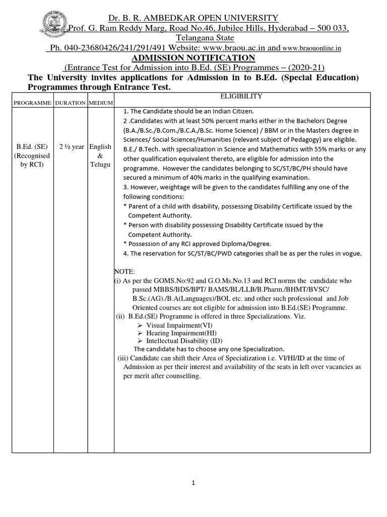 BEd SE 2020 NOTIFICATION | PDF | Academic Degree | Bachelor's Degree