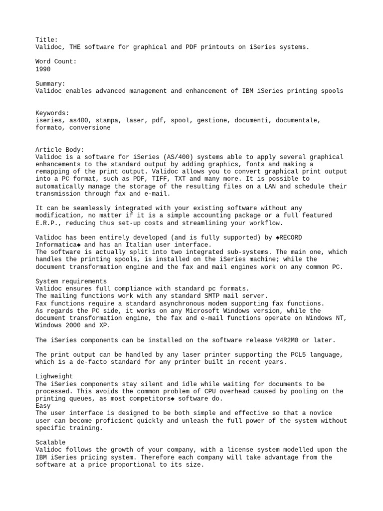 Validoc THE Software For Graphical and PDF Printouts On Iseries Systems. | PDF | Fax | Microsoft ...
