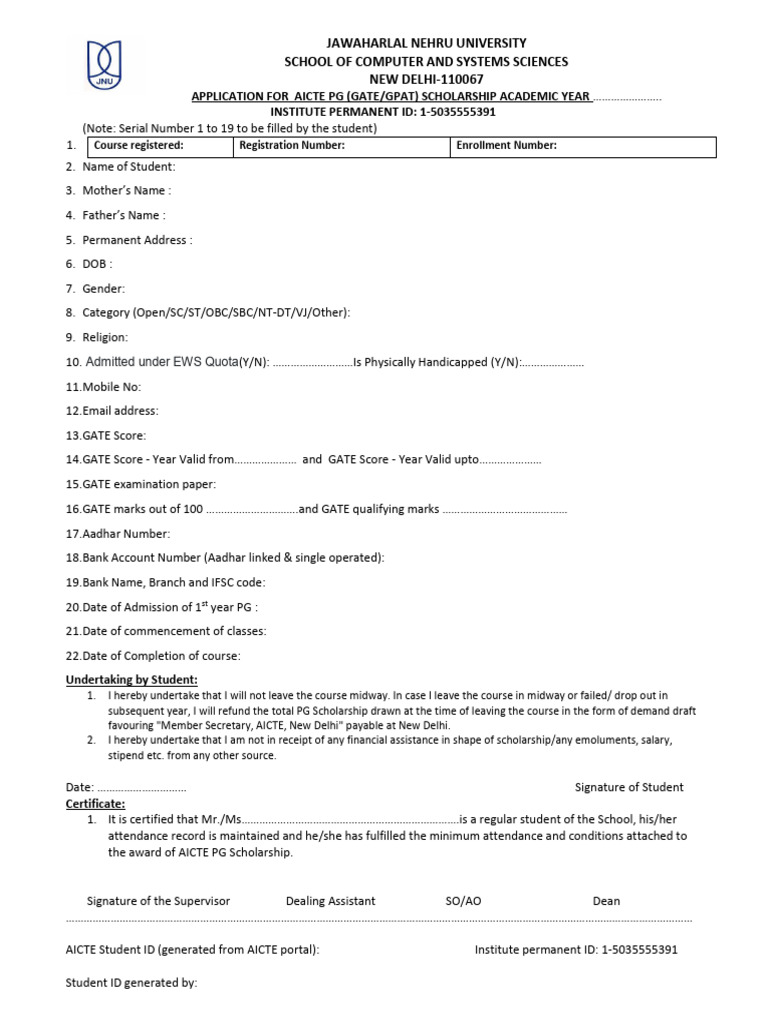AICTE PG Scolorship Form | PDF
