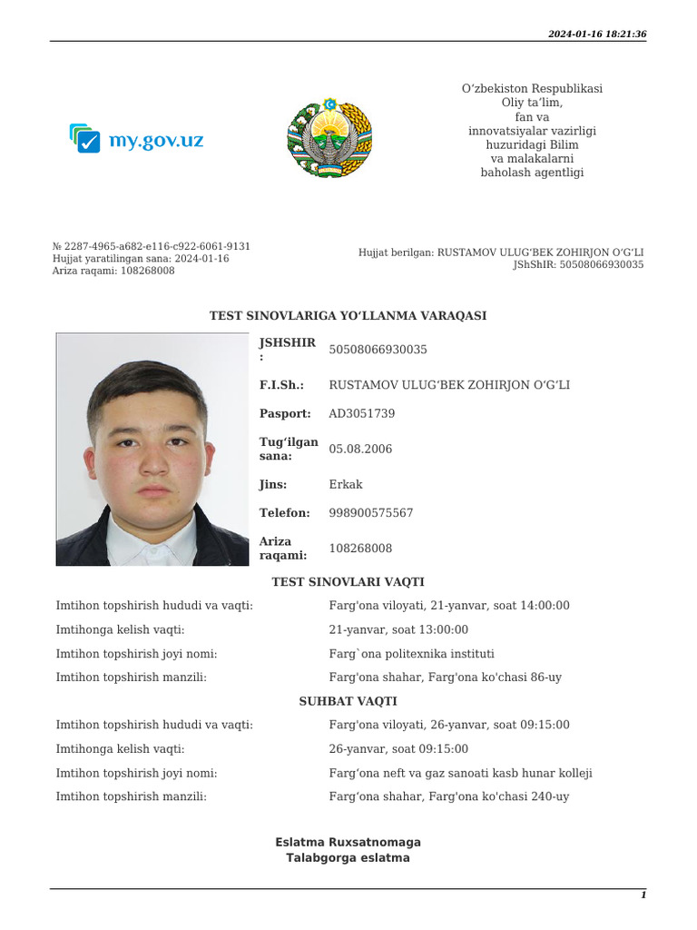 Test Sinovlariga Yo Llanma Varaqasi Jshshir: F.I.Sh.: Pasport: Tug ...