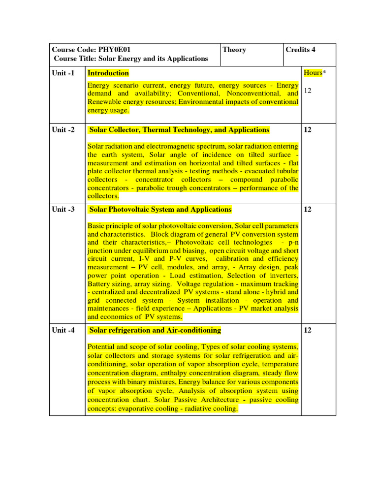 Course Code PHY0E01 Course Title Solar Energy And Its Applications