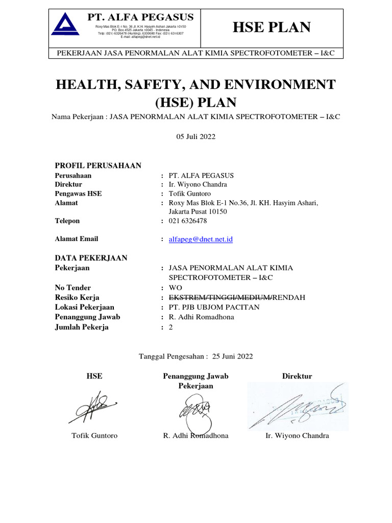 Hse Plan - Jasa Penormalan Alat Kimia Spectrofotometer I&c | PDF