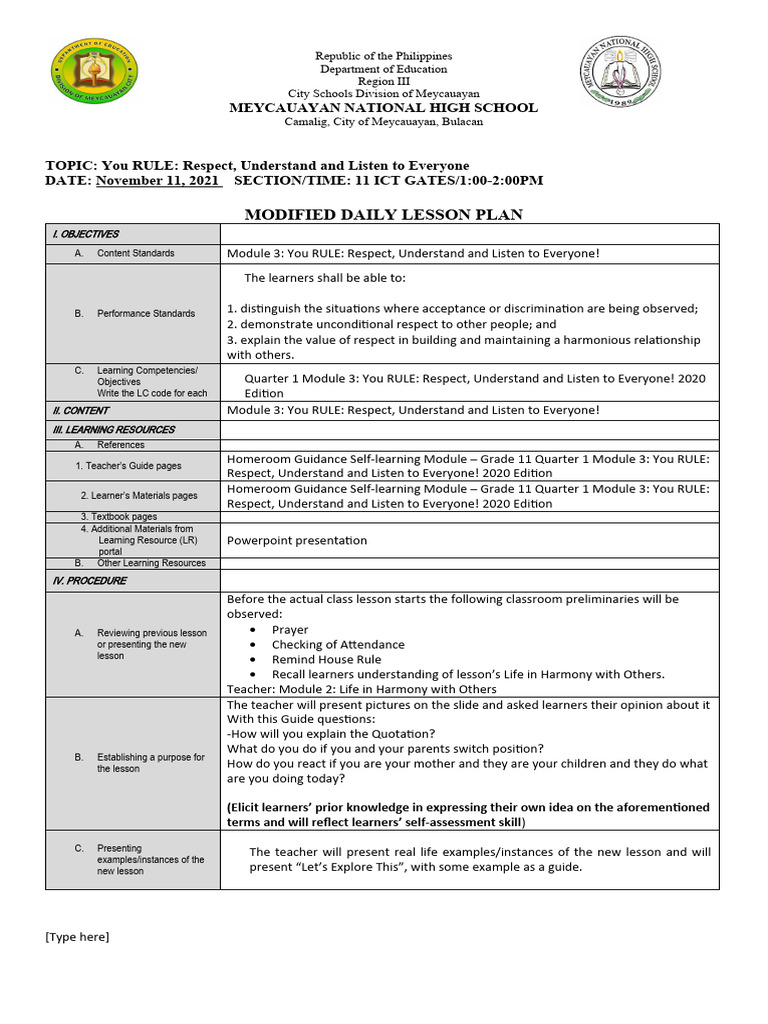 Modified Daily Lesson Plan: Meycauayan National High School | PDF | Learning | Teachers