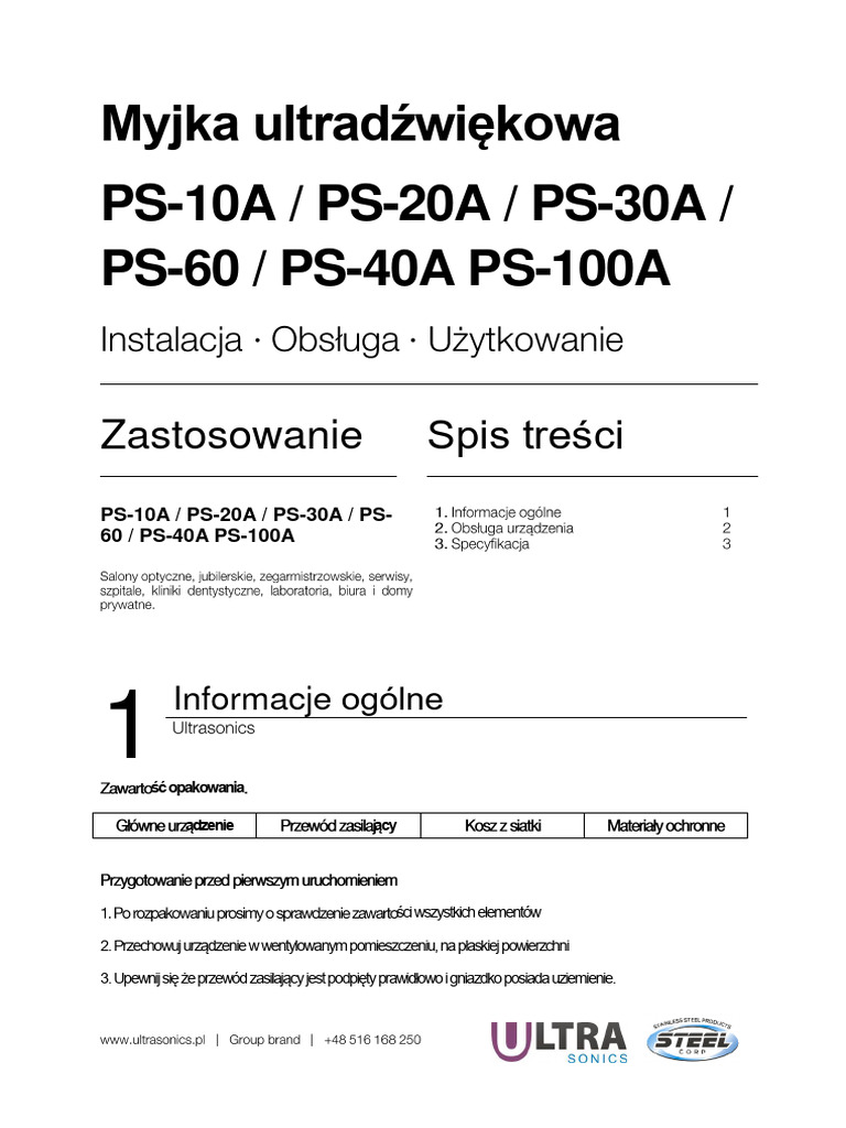Instrukcja Obslugi Myjka Ultradzwiekowa PS 10A PS 20A PS 30A PS 40A PS ...