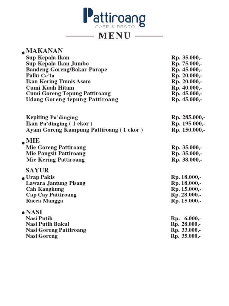 0rmwTHZeQZW8clXx95Mz - Menu Pattiroang Cafe & Resto | PDF