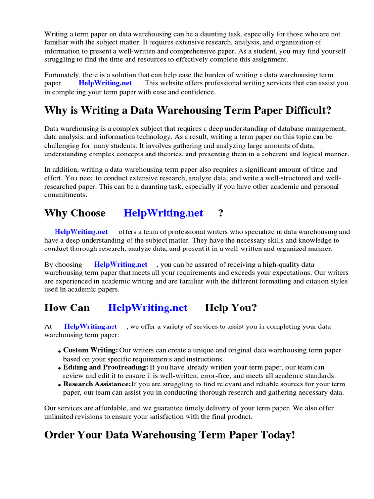 Data Warehousing Term Paper | PDF | Data Warehouse | Databases Data Warehousing Term Paper | PDF | Data Warehouse | Databases