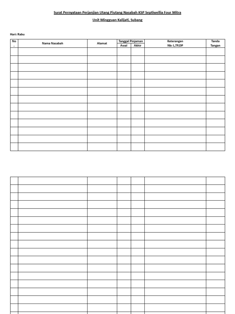 Surat Pernyataan Perjanjian Utang Piutang Nasabah KSP Septiwellia Four Mitra Unit Mingguan - 3 ...