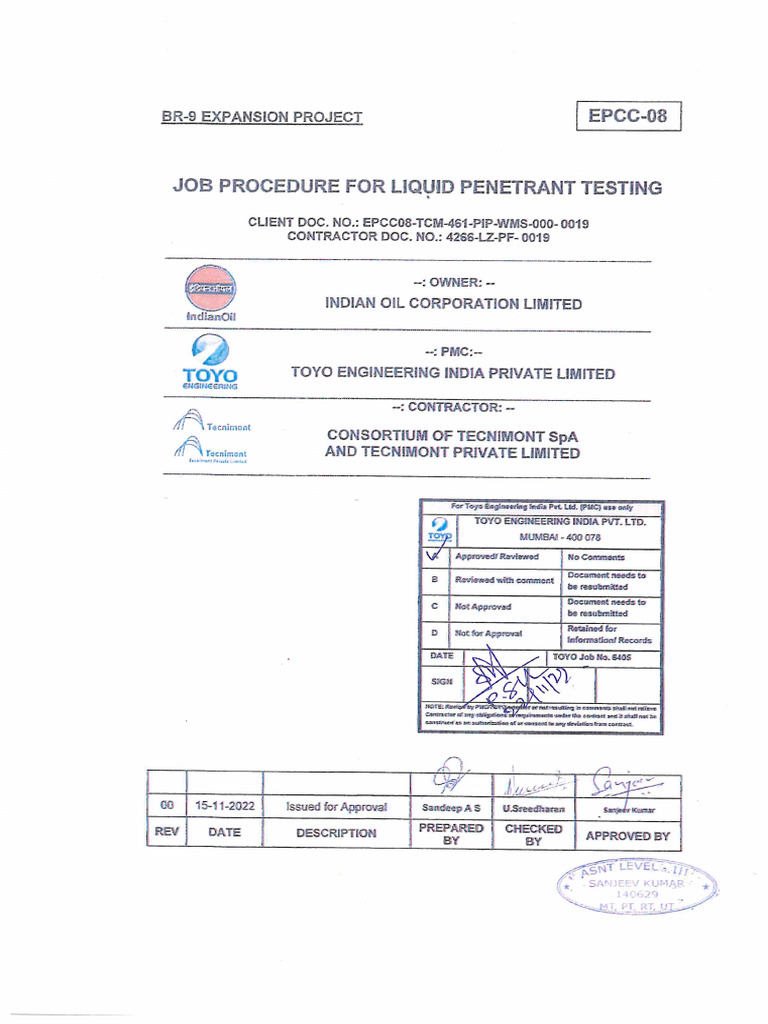 4266-Lz-Pf-0019-Is00-Job Procedure For Liquid Penetrant Testing-Code-A ...