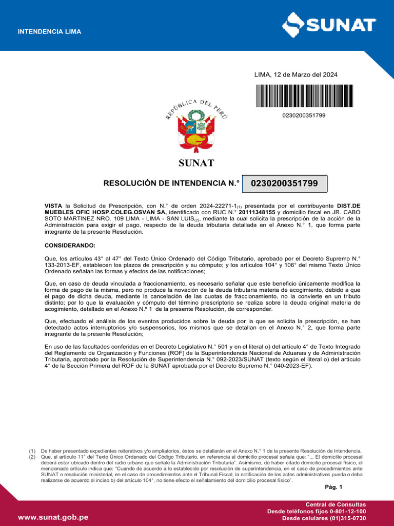 Resolucion Sunat Osvan | PDF | Estatuto de limitaciones | Ley Pública