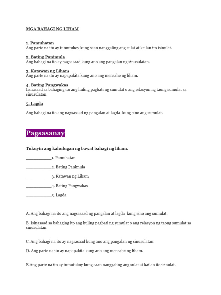 MGA BAHAGI NG LIHAM | PDF