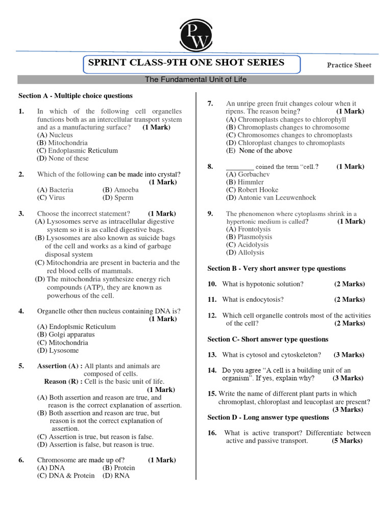 Class 9 Biology: Cell Structure Quiz | PDF | Cell (Biology) | Chloroplast