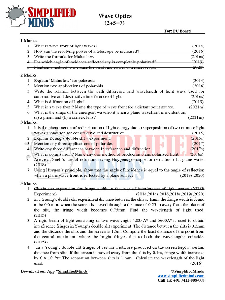Wave Optics Questions and Solutions | PDF | Wavelength | Optics