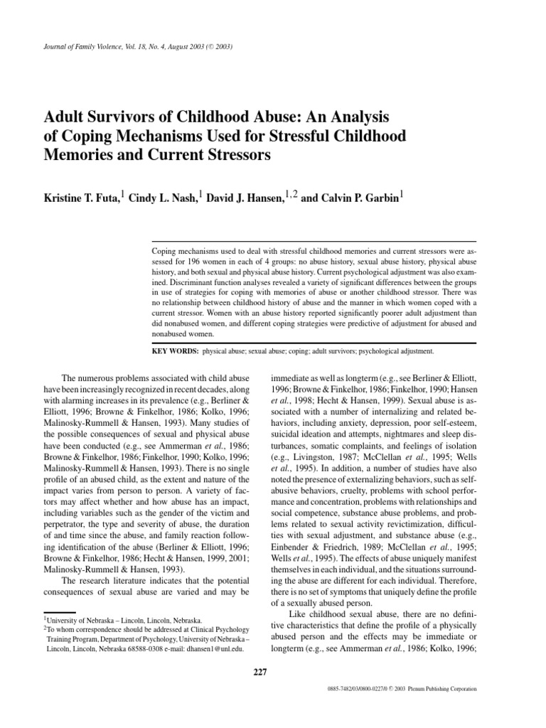 Adult Survivors of Childhood Abuse: An Analysis of Coping Mechanisms Used For Stressful ...