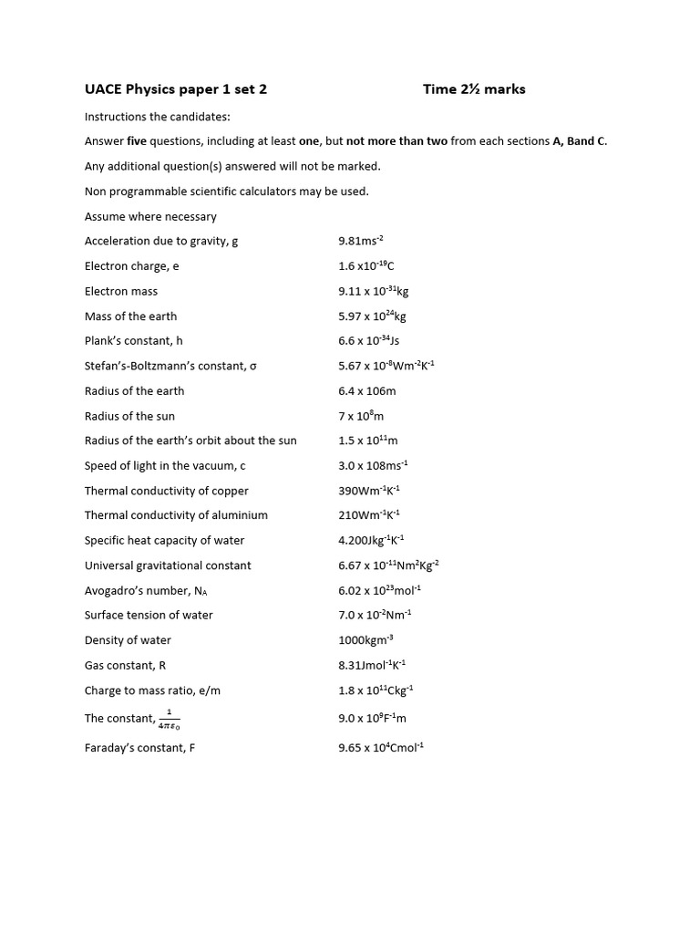 UACE Physics Paper 1 Set2 | PDF | Sun | Electron