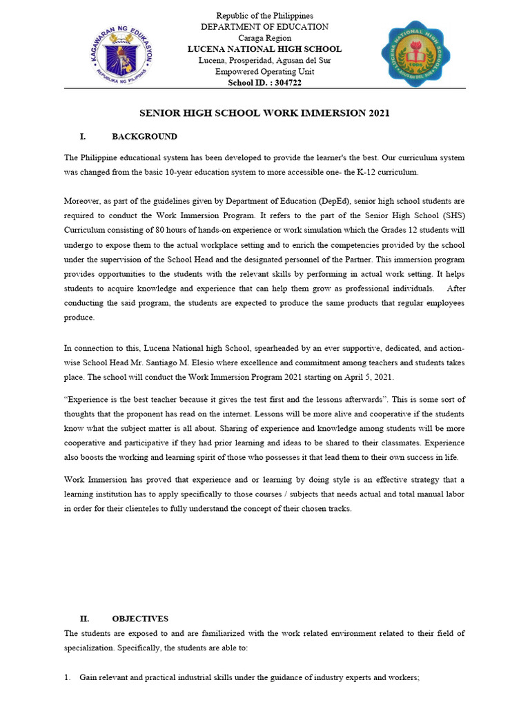 Work Immersion Proper Activity Design | PDF | Curriculum | Learning