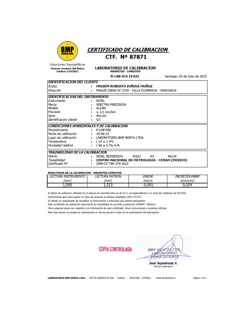 Certificado de Calibración Nivel (1) | PDF | Calibración | Metrología