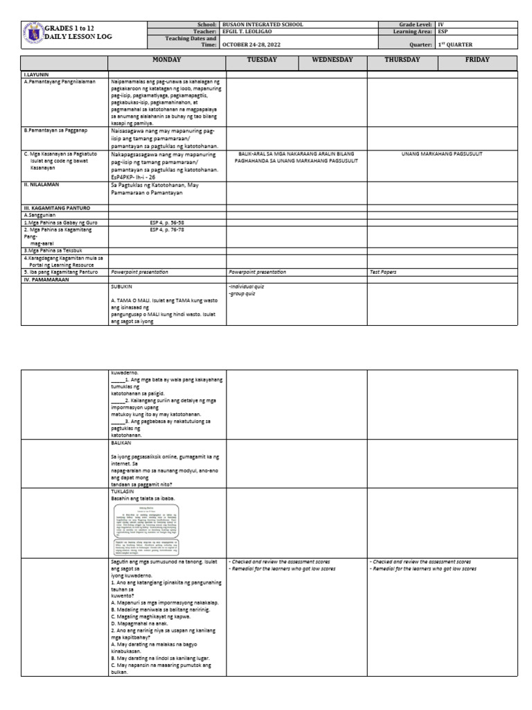 DLL - Esp 4 - Q1 - W6 - Final2 | PDF