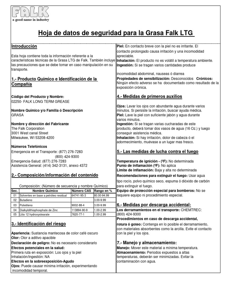 Hoja de Seguridad Grasa Falk | Descargar gratis PDF | Agua | Residuos