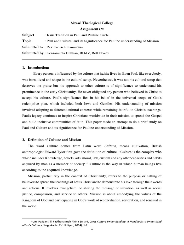 Paul and Cultural and Its Significance For Pauline Understanding Mision ...