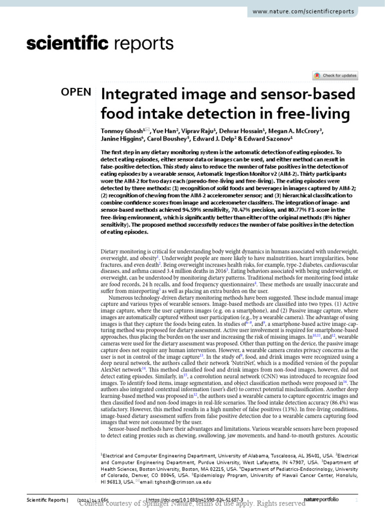 Integrated Image and Sensor-Based Food Intake Dete | PDF | Self ...