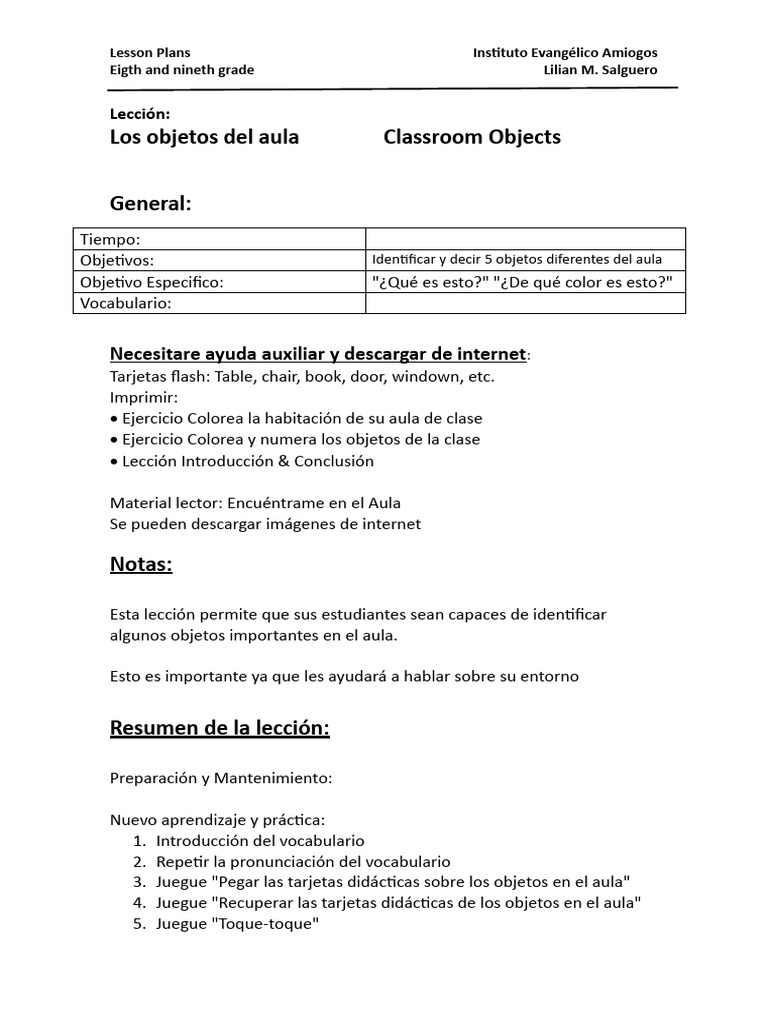 Lección Objects Classroom | PDF