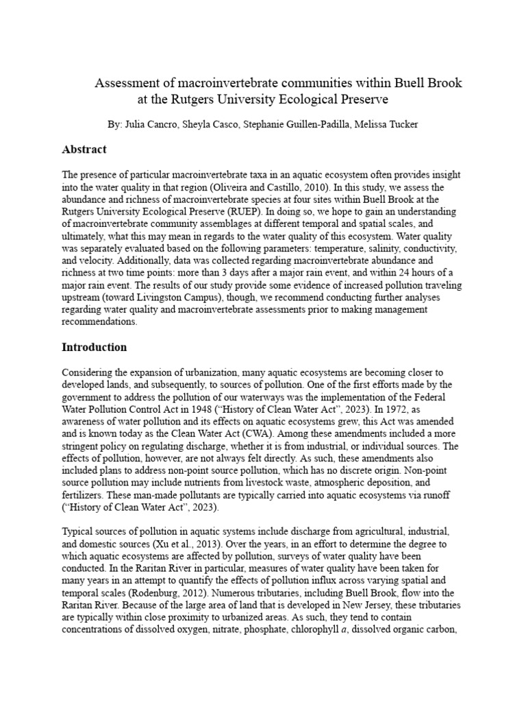 Macroinvertebrate Study in Buell Brook | PDF | Water Pollution | Water ...