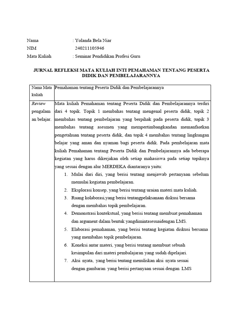 Yolandabelaniar - Jurnal Refleksi PPDB Seminar PPG | PDF | Pengembangan Diri | Sains & Matematika